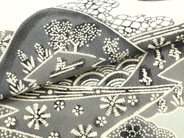 平和屋着物○九寸名古屋帯 型染め 流水風景飛鶴花文