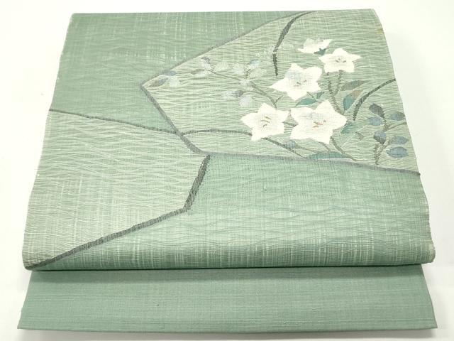 平和屋着物▽太鼓柄袋帯　スリーシーズン　春夏秋　紬地　櫛織　切嵌草花文　銀糸　正絹　逸品　DAAV9115ob