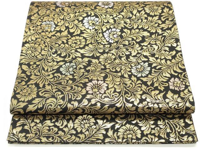 平和屋着物●六通柄袋帯　唐草地文様　黒地　金糸　正絹　逸品　DAAV9122ob