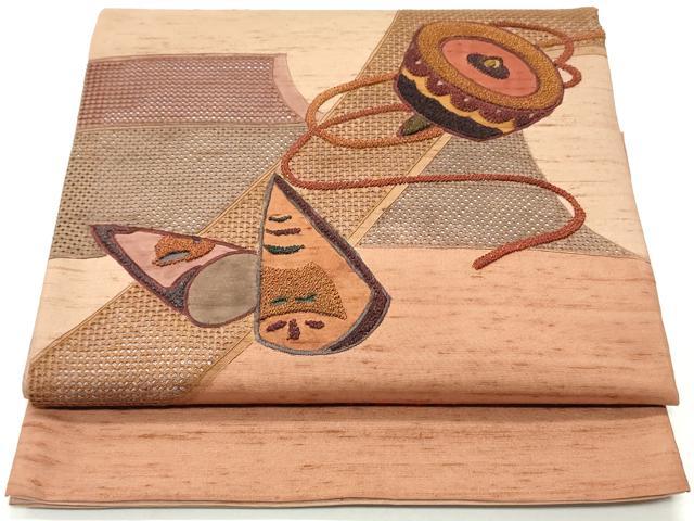 平和屋着物●中国三大刺繍　スワトウ刺繍　汕頭刺繍　相良刺繍　総刺繍　太鼓柄袋帯　紬地　切嵌玩具文　正絹　逸品　DAAV9123ob