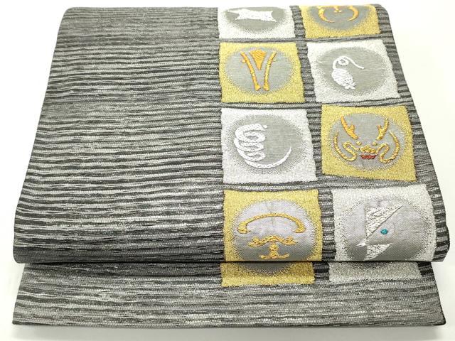 平和屋着物●六通柄袋帯　唐織　袖裏金彩　黄金和紙　十二支献上文　金銀糸　正絹　逸品　DAAV9141ob