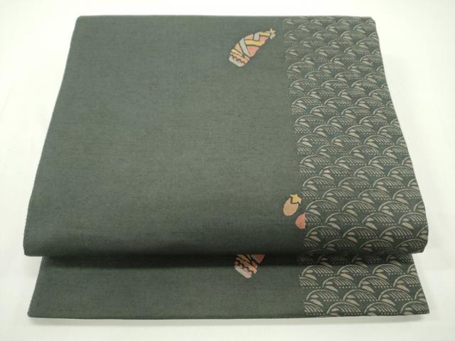 平和屋着物●全通柄袋帯　紬地　型染め　成り物　青海波間道　百入茶色　正絹　逸品　未使用　DAAV9176ob