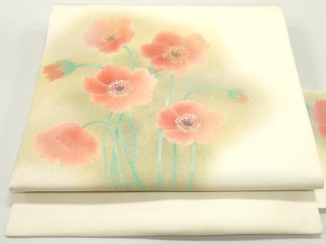 平和屋着物●塩瀬　九寸名古屋帯　手描き　草花文　薄卵色　金銀彩　正絹　逸品　DAAV9229ob