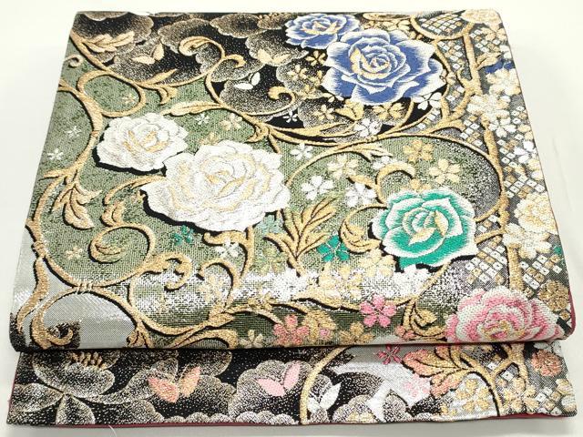 平和屋着物●六通柄袋帯　花蝶唐草文　薔薇　金銀糸　正絹　逸品　DAAV9231ob