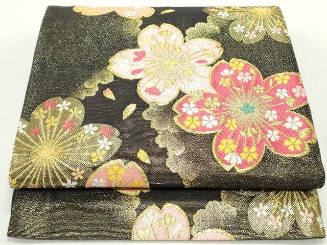 平和屋着物●六通柄袋帯　唐織　雲取り舞桜文　黒地　金糸　正絹　逸品　DAAV9235ob