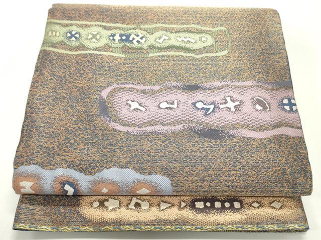 平和屋着物●両面　六通柄袋帯　小広富之　唐織　幾何学文様　金糸　正絹　逸品　DAAV9270ob