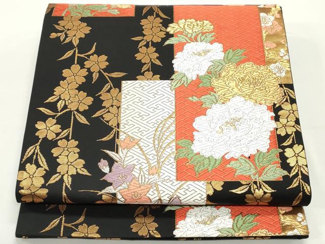 平和屋着物●六通柄袋帯　唐織　短冊草花文　黒地　金糸　正絹　逸品　DAAV9271ob