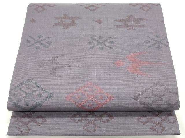 平和屋着物●六通柄袋帯　紬地　琉球文様　鳩羽色　正絹　逸品　未使用　DAAV9295ob