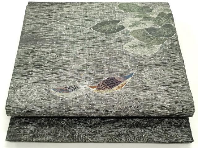 平和屋着物▽太鼓柄袋帯　スリーシーズン　春夏秋　紬地　櫛織　流水鴛鴦葉文　黒地　銀糸　正絹　逸品　DAAV9299ob