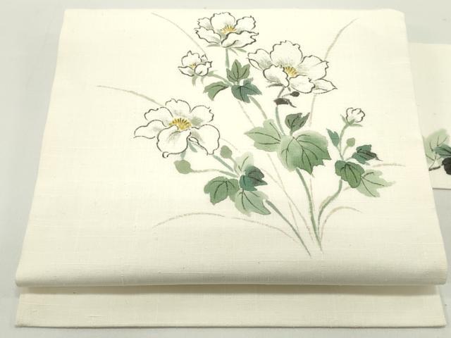 平和屋着物●九寸名古屋帯　作家物　手描き　紬地　草花文　生成り色　正絹　逸品　DAAV9307ob