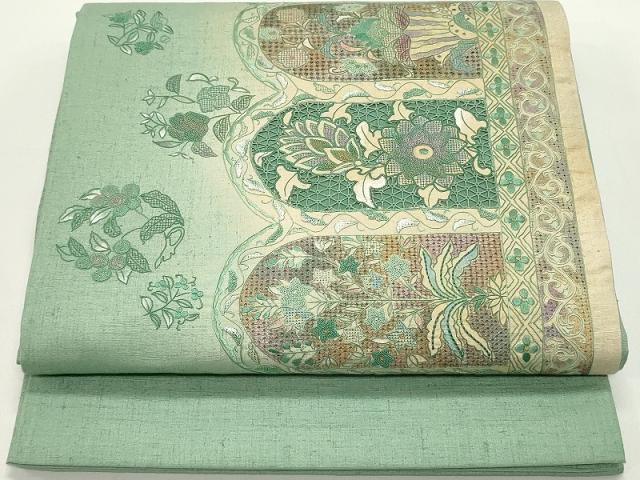 平和屋着物●中国三大刺繍 スワトウ刺繍 汕頭刺繍 相良刺繍 総刺繍 太鼓柄袋帯 紬地 切嵌飾花更紗唐草文 正絹 逸品 未使用 DAAV9317ob