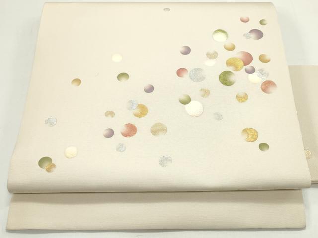 平和屋着物●塩瀬　九寸名古屋帯　刺繍　丸文　薄卵色　金銀彩　正絹　逸品　DAAV9337ob