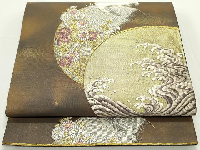 平和屋着物●六通柄袋帯　唐織　月下秋草波涛文　金糸　引箔　正絹　逸品　DAAV9357ob