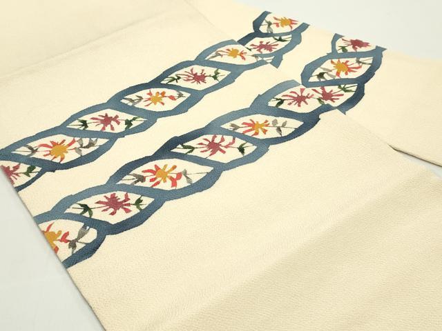 平和屋着物●九寸名古屋帯　型染め　切嵌草花横段文　鬼しぼ縮緬　正絹　逸品　DAAV9369ob 平和屋着物○九寸名古屋帯 型染め 切嵌草花横段文