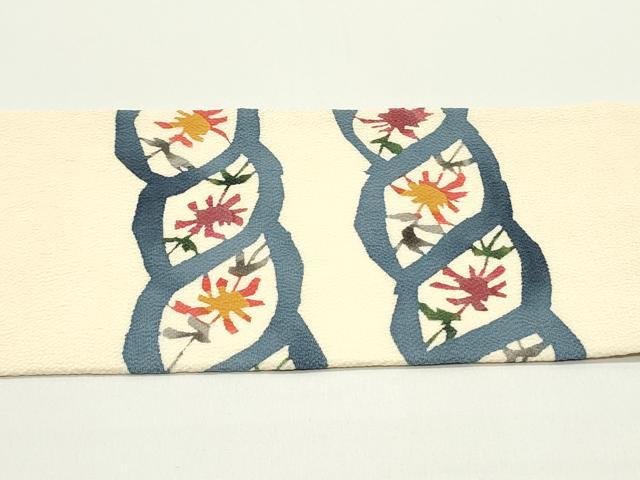 平和屋着物○九寸名古屋帯 型染め 切嵌草花横段文