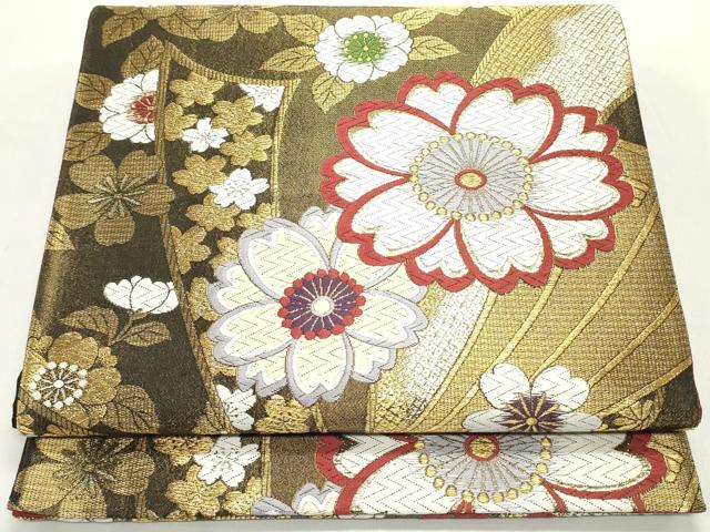 平和屋着物●六通柄袋帯　唐織　扇面舞桜文　金糸　正絹　逸品　DAAV9377ob