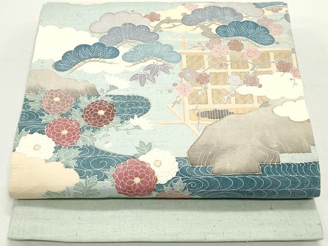 平和屋着物●太鼓柄袋帯　紬地　流水風景花松文　金彩　正絹　逸品　DAAV9402ob