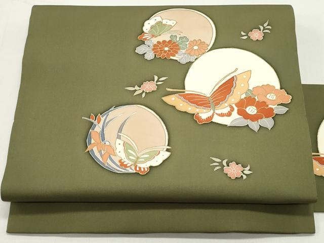 平和屋着物●塩瀬　九寸名古屋帯　駒刺繍　花蝶丸文　麹塵色　金彩　正絹　逸品　DAAV9415ob