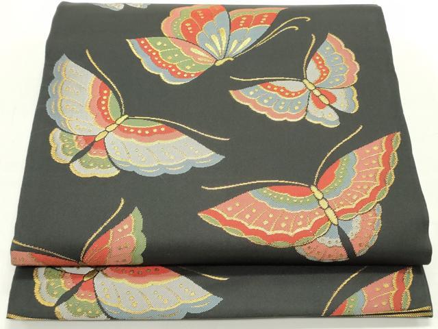 平和屋着物●全通柄　本袋帯　舞蝶文　黒地　金糸　正絹　逸品　DAAV9418ob