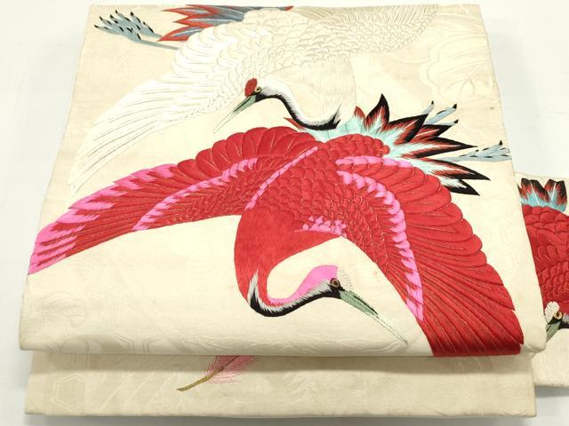 平和屋着物●アンティーク　大正ロマン　中国三大刺繍　相良刺繍　総刺繍　九寸名古屋帯　唐織　飛鶴文　象牙色　正絹　逸品　DAAV9424ob