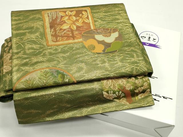 平和屋着物●ワンタッチつけ帯　陶器色紙草花文　金糸　箱付き　やまと誂製　正絹　逸品　未使用　DAAV9431ob