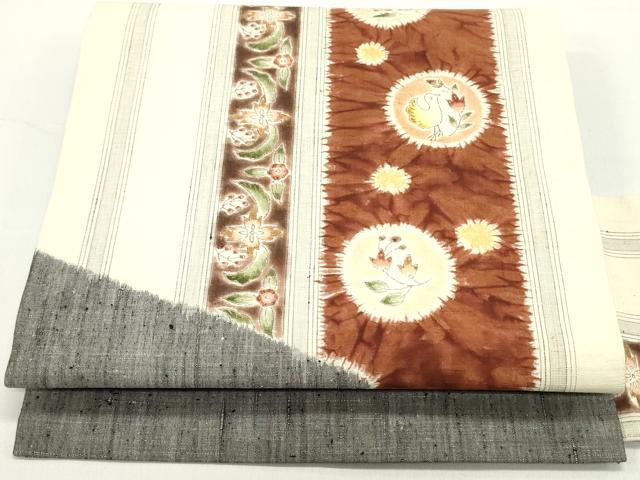 平和屋着物●九寸名古屋帯　紬地　絞り　花鳥丸間道　金彩　正絹　逸品　DAAV9440ob