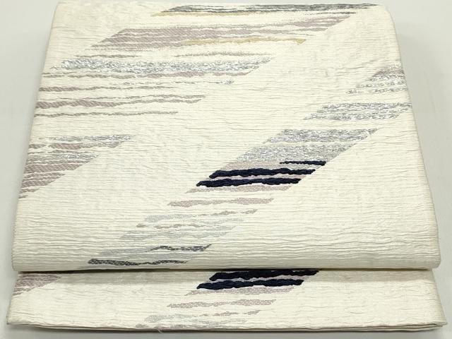 平和屋着物●六通柄袋帯　ふくれ織　モール　抽象文様　銀通し地　正絹　逸品　DAAV9444ob