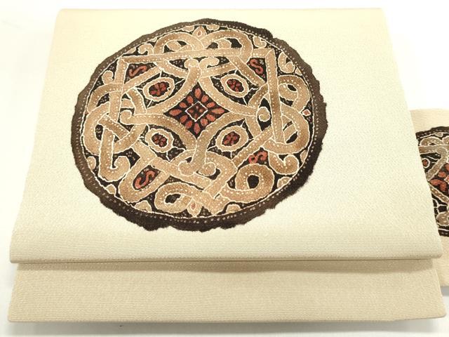 平和屋着物●九寸名古屋帯　型染め　正倉院花文　人色　鬼しぼ縮緬　正絹　逸品　DAAV9462ob