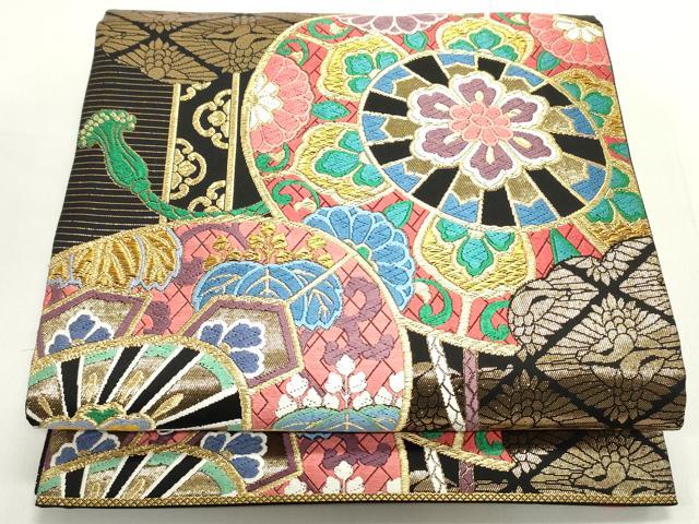 平和屋着物●六通柄袋帯　慶長能衣　唐織　源氏車菱鶴花唐草文　黒地　金糸　正絹　逸品　DAAV9467ob