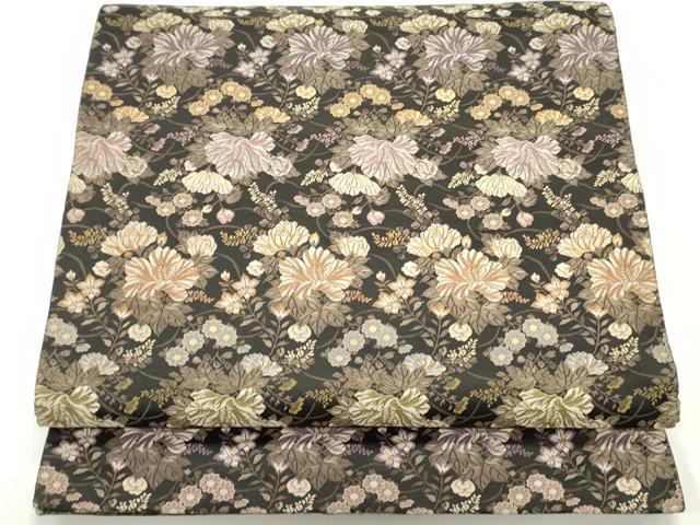 平和屋着物●アンティーク　大正ロマン　丸帯　花唐草文　黒地　金糸　正絹　逸品　未使用　DAAV9505ob