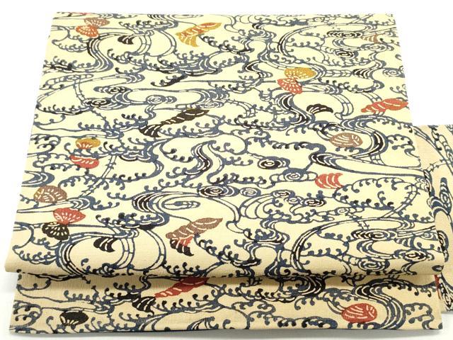 平和屋着物●九寸名古屋帯　型染め　立波貝文　鬼しぼ縮緬　正絹　逸品　DAAV9507ob