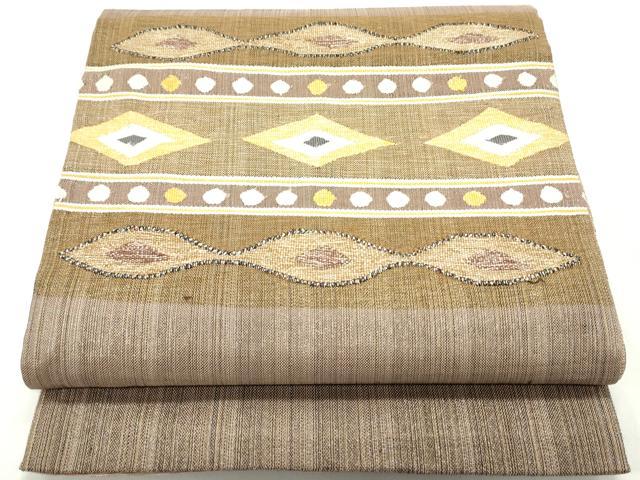 平和屋着物●太鼓柄袋帯　紬地　幾何学横段文　金通し地　正絹　逸品　DAAV9508ob