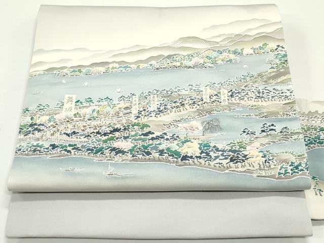 平和屋着物●塩瀬　九寸名古屋帯　作家物　手描き　風景文　金彩　正絹　逸品　DAAV9516ob