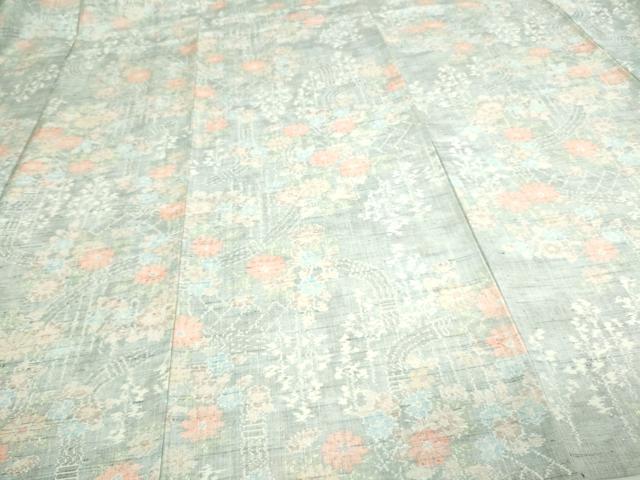 平和屋着物▽上質な紬 　単衣　草花文 　正絹　逸品　未使用　DAAV9592sf