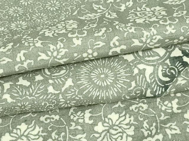 平和屋着物▽上質な紬　型染　単衣　花唐草文　正絹　逸品　DAAV9678sf