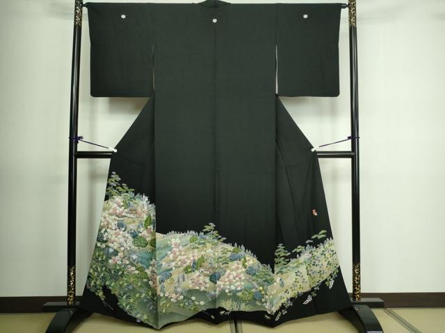 平和屋着物▽豪華黒留袖　単衣　友禅　作家物　風景草花文　正絹　逸品　DAAV9750sf