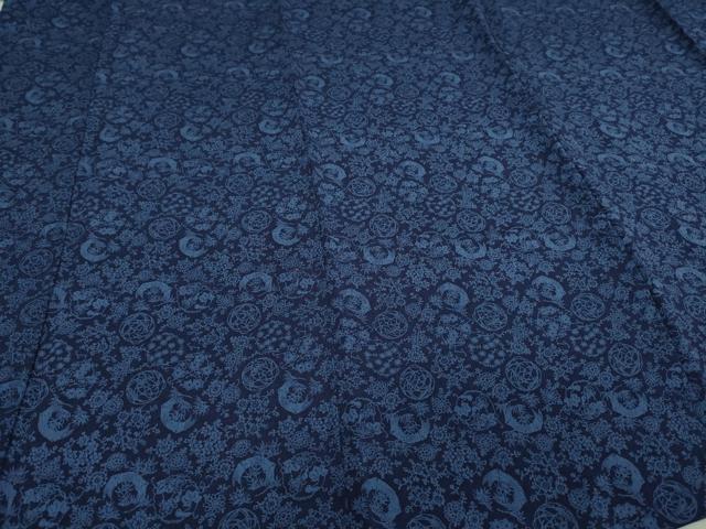 平和屋着物▽上質な小紋　単衣　藍　型染め　花唐草文　鬼しぼ縮緬　正絹　逸品　DAAV9864sf
