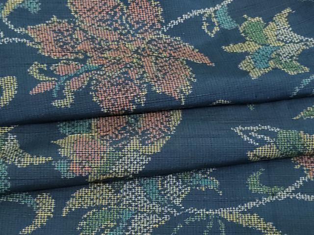 平和屋着物▽上質な紬　単衣　更紗花文　正絹　逸品　DAAV9874sf