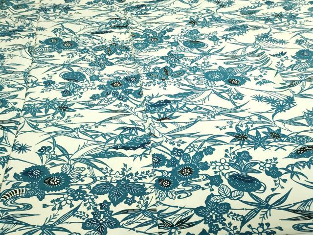 平和屋着物▽上質な小紋　単衣　本藍　型絵染　草花文　正絹　逸品　DAAV9926sf