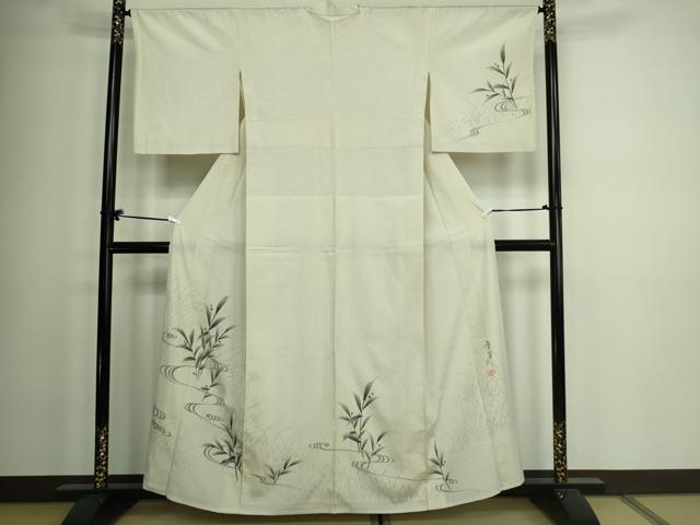平和屋着物▽訪問着　本塩沢　単衣　作家物　手描き　流水枝葉文　正絹　逸品　DAAV9985sf