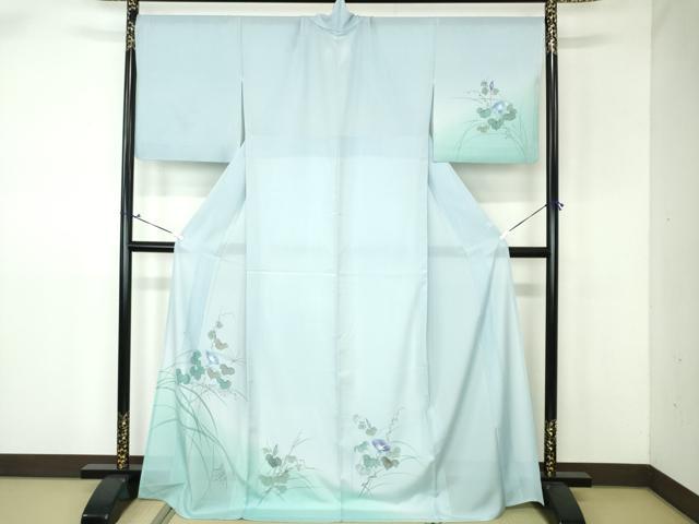 平和屋着物＊夏物　訪問着　絽　手描き　朝顔　アサガオ　暈し染め　ロング丈　正絹　逸品　DAAW0416op