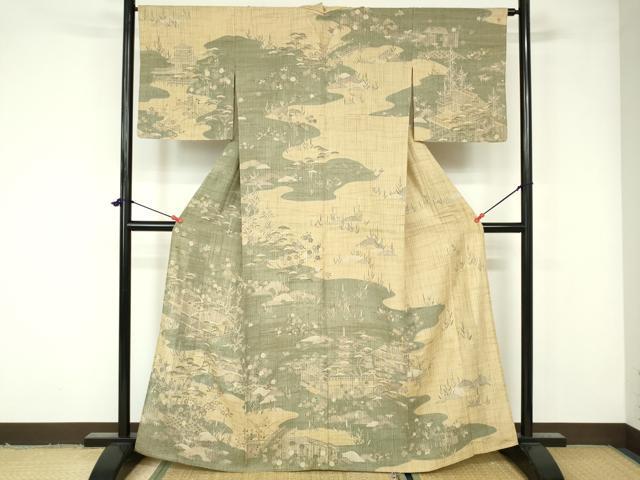 平和屋着物▽染織の名門　しょうざん  生紬　訪問着　単衣　草花文　正絹　逸品　DAAW0614op