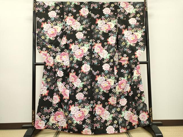 平和屋着物●小振袖　二尺袖　麻の葉草花文　黒地　金彩　洗える着物　DAAW3789fe