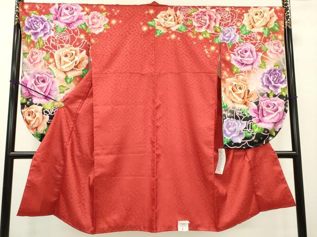 平和屋着物●小振袖　二尺袖　大輪バラ　洗える着物　未使用　DAAW3829fe