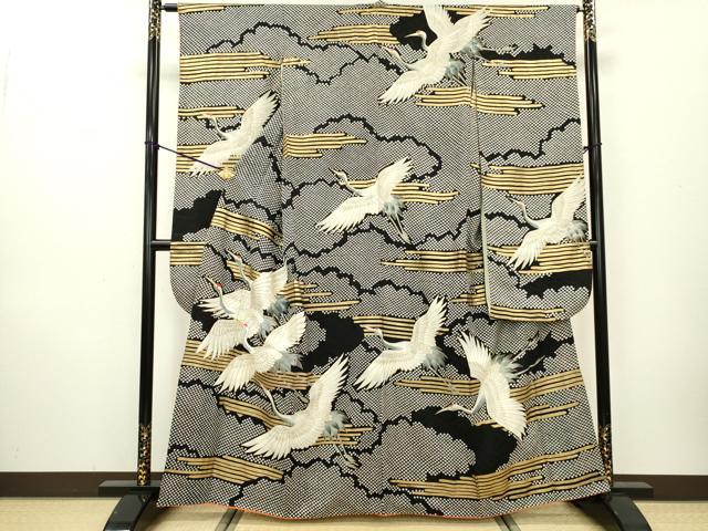 平和屋着物●豪華振袖　刺繍　鹿の子飛鶴文　黒地　金彩　正絹　逸品　DAAW3839fe
