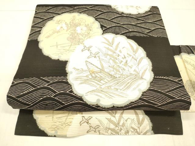 平和屋着物＊夏物　アンティーク　大正ロマン　九寸名古屋帯　駒刺繍　雪輪飛鳥草花文　黒地　銀糸　正絹　逸品　DAAW4207cm