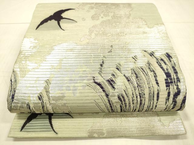 平和屋着物＊夏物　アンティーク　大正ロマン　丸帯　燕　立波文　銀糸　正絹　逸品　DAAW4208cm