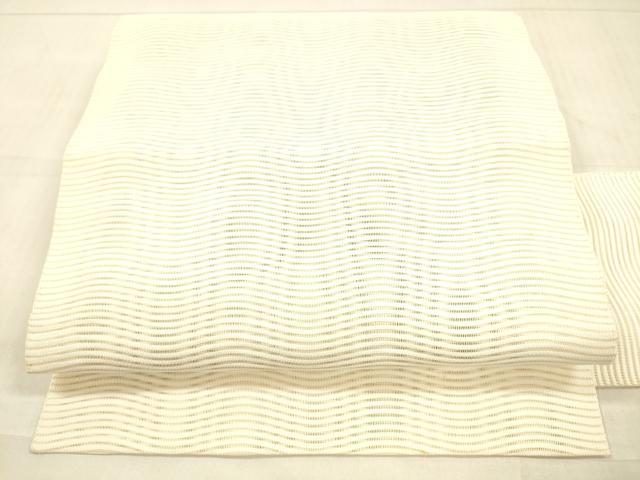 平和屋着物＊夏物　絽綴れ　八寸名古屋帯　よろけ縞　薄卵色　正絹　逸品　DAAW4210cm