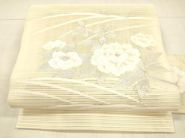 平和屋着物＊夏物　絽綴れ　八寸名古屋帯　枝花文　銀糸　逸品　DAAW4211cm