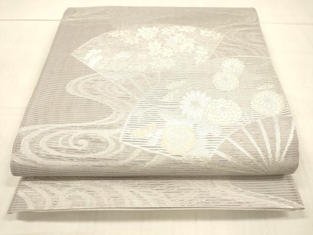平和屋着物＊夏物　西陣　六通柄袋帯　流水扇面草花文　銀糸　正絹　逸品　DAAW4213cm